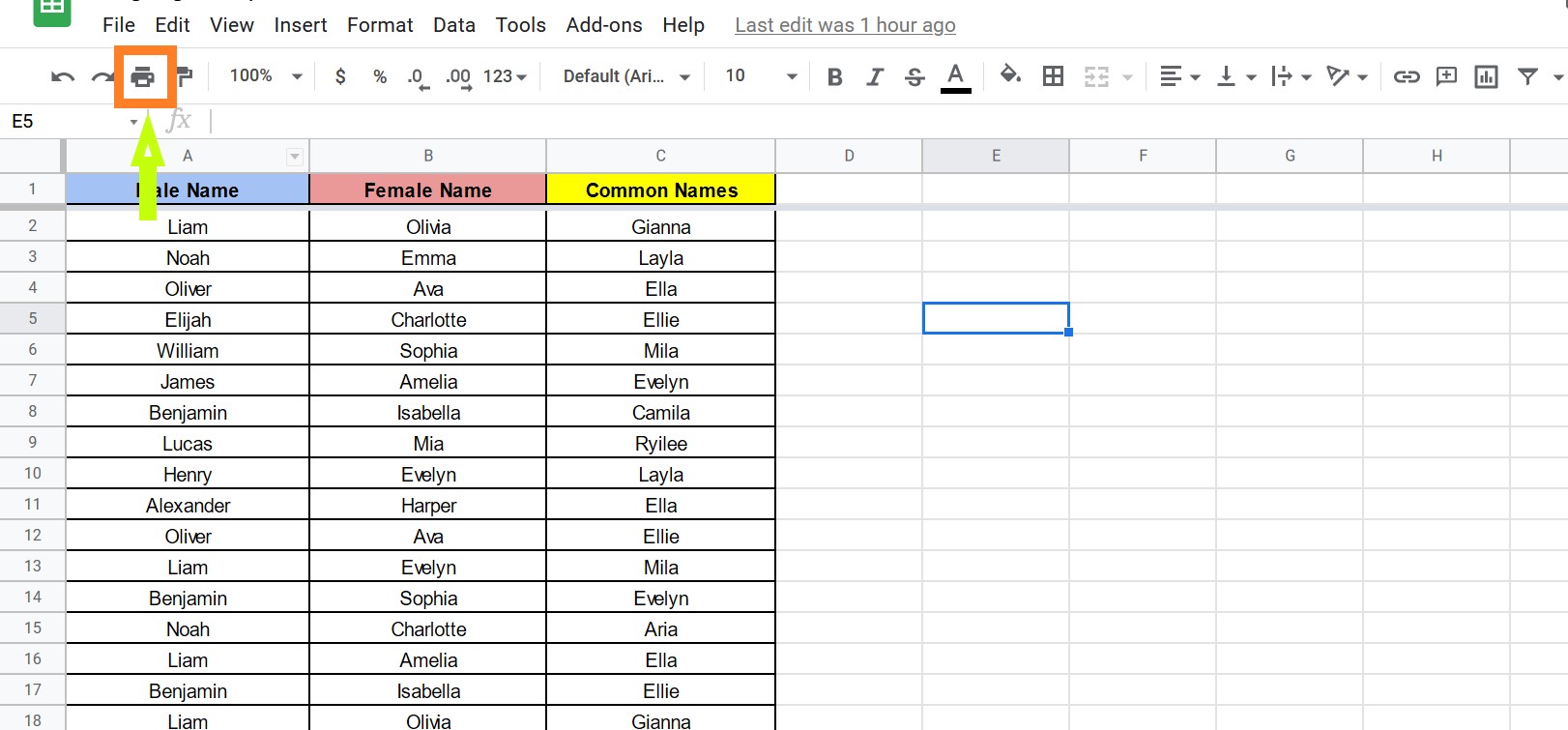 Google Sheets Printable Area