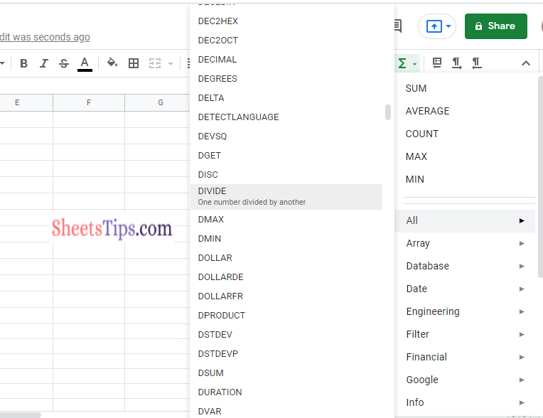 How To Divide In Google Sheets Divide Numbers Columns Rows Multiple Cells Google Sheets Tips