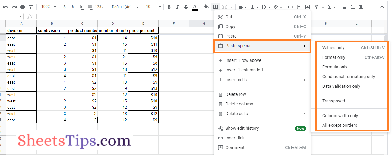 How To Use Paste Special Options In Google Spreadsheet Google Sheets 
