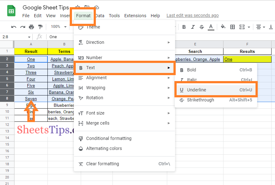 How To Add Underline Format In Google Sheets Underline Cells Rows Text In Spreadsheet 