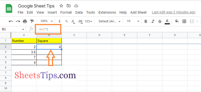 Square Numbers In Google Sheets How To Square A Number In Google Sheets Google Sheets Tips